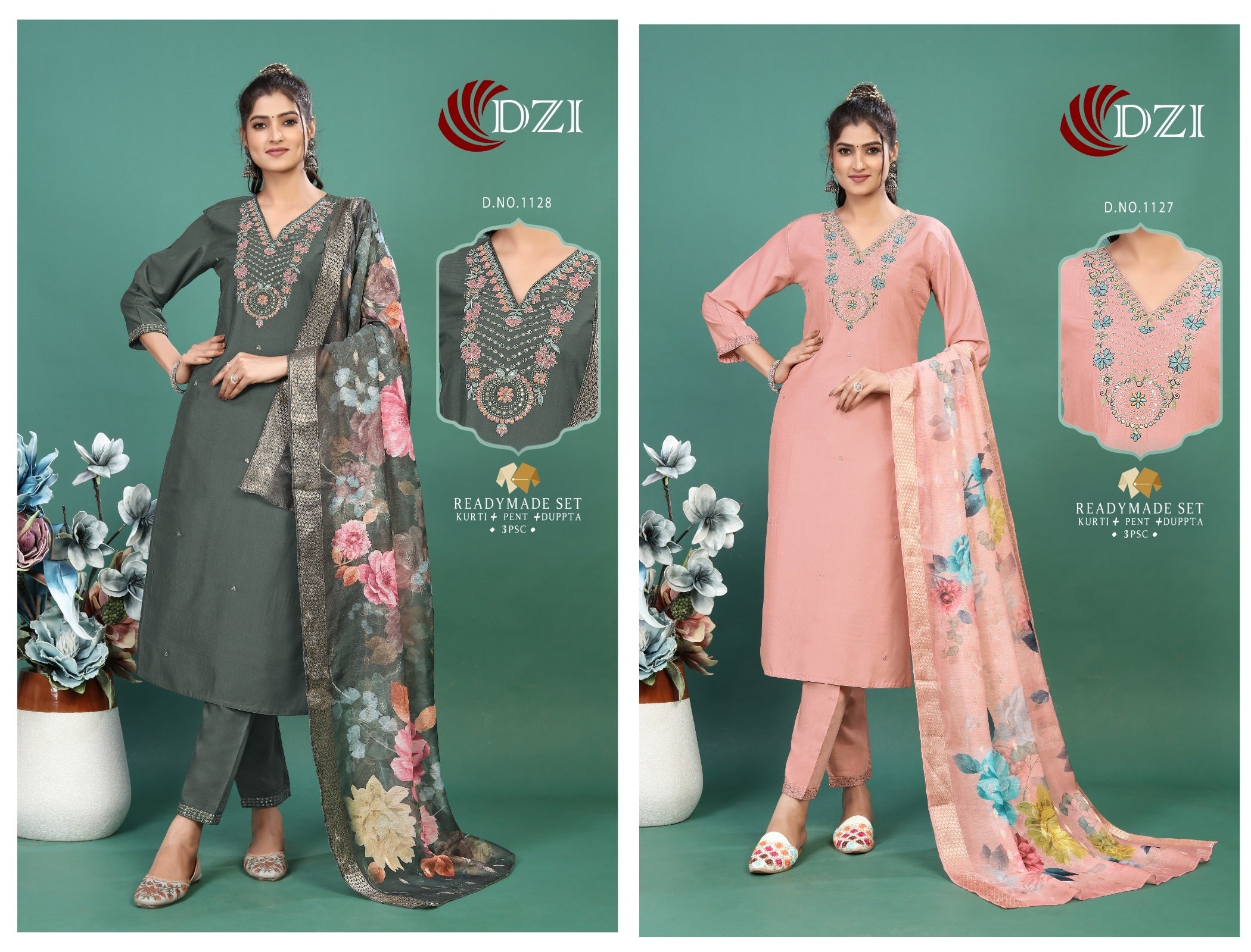 1127 1128 Dzi Zara Silk Embroidery Work Readymade Pant Style Suits – Kavya Style Plus