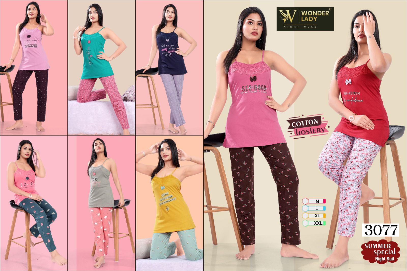 3077-Summer Special Wonder Lady Hosiery Cotton Pyjama Night Suits ...