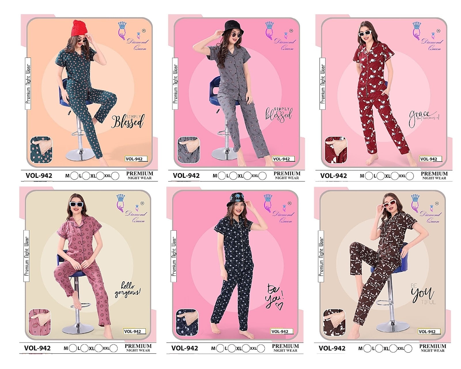 942 Diamond Queen Sinker Collar Night Suits Wholesale – Kavya Style Plus