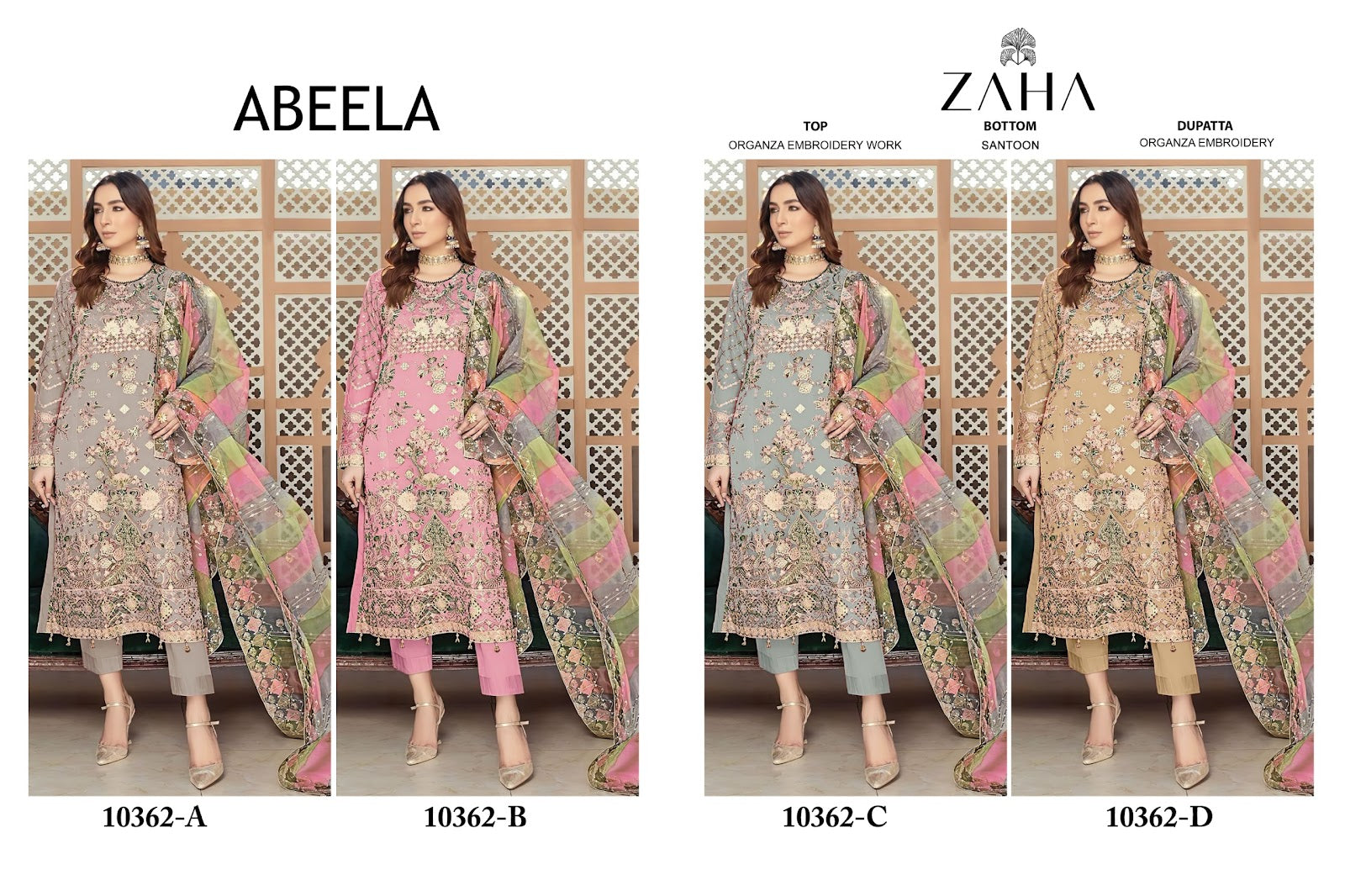 Abeela 10362 Abcd Zaha Organza Pakistani Salwar Suits Exporter India ...