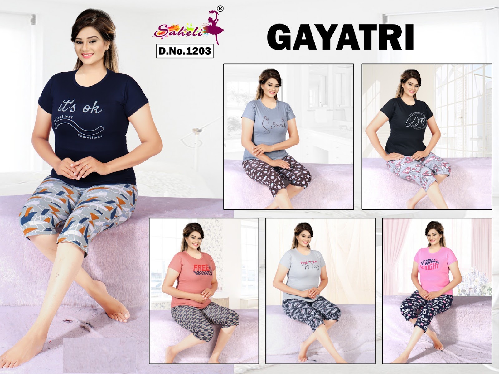 Design 1203 Gayatri Saheli Capri Night Suits Wholesale Rate – Kavya ...
