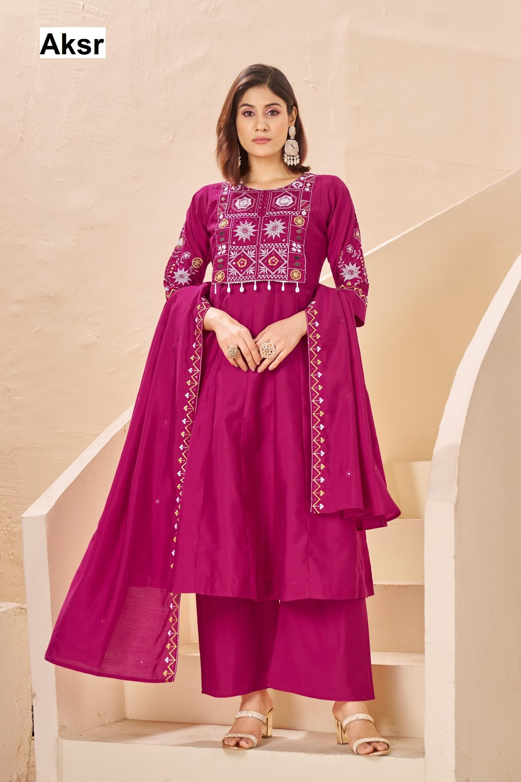 Magenta Aksr Roman Silk Readymade Anarkali Suits Wholesale Price ...