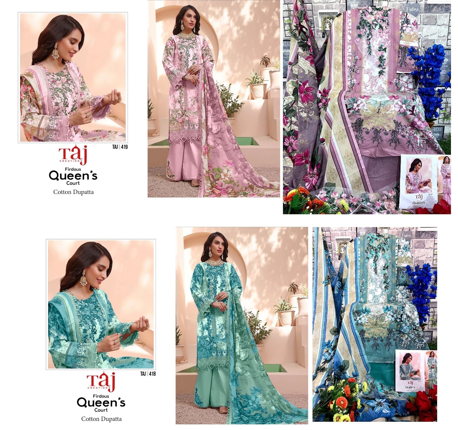 418-419 Taj Creations Cotton Pakistani Patch Work Suits – Kavya Style Plus