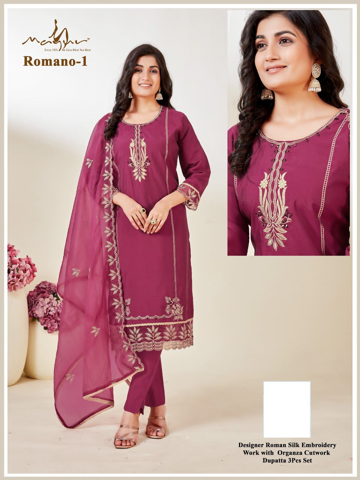 Romano Vol 1 Mayur Fashion Roman Silk Readymade Pant Style Suits ...